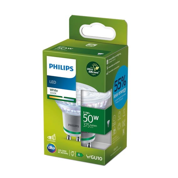 Philips LEDclassic Ultra Efficient GU10, 3000 K, 2,1 W - 8720169174306 ...
